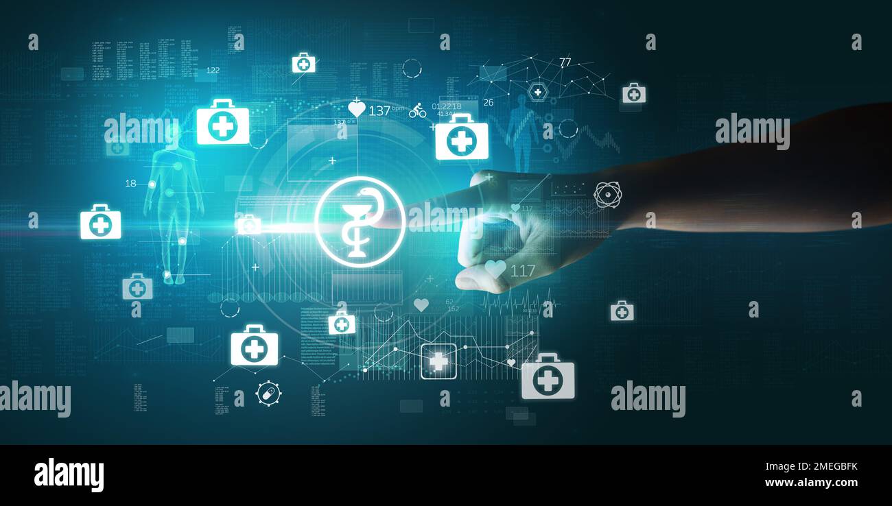 Doctor hand pressing futuristic health device with medical symbol on screen Stock Photo - Alamy