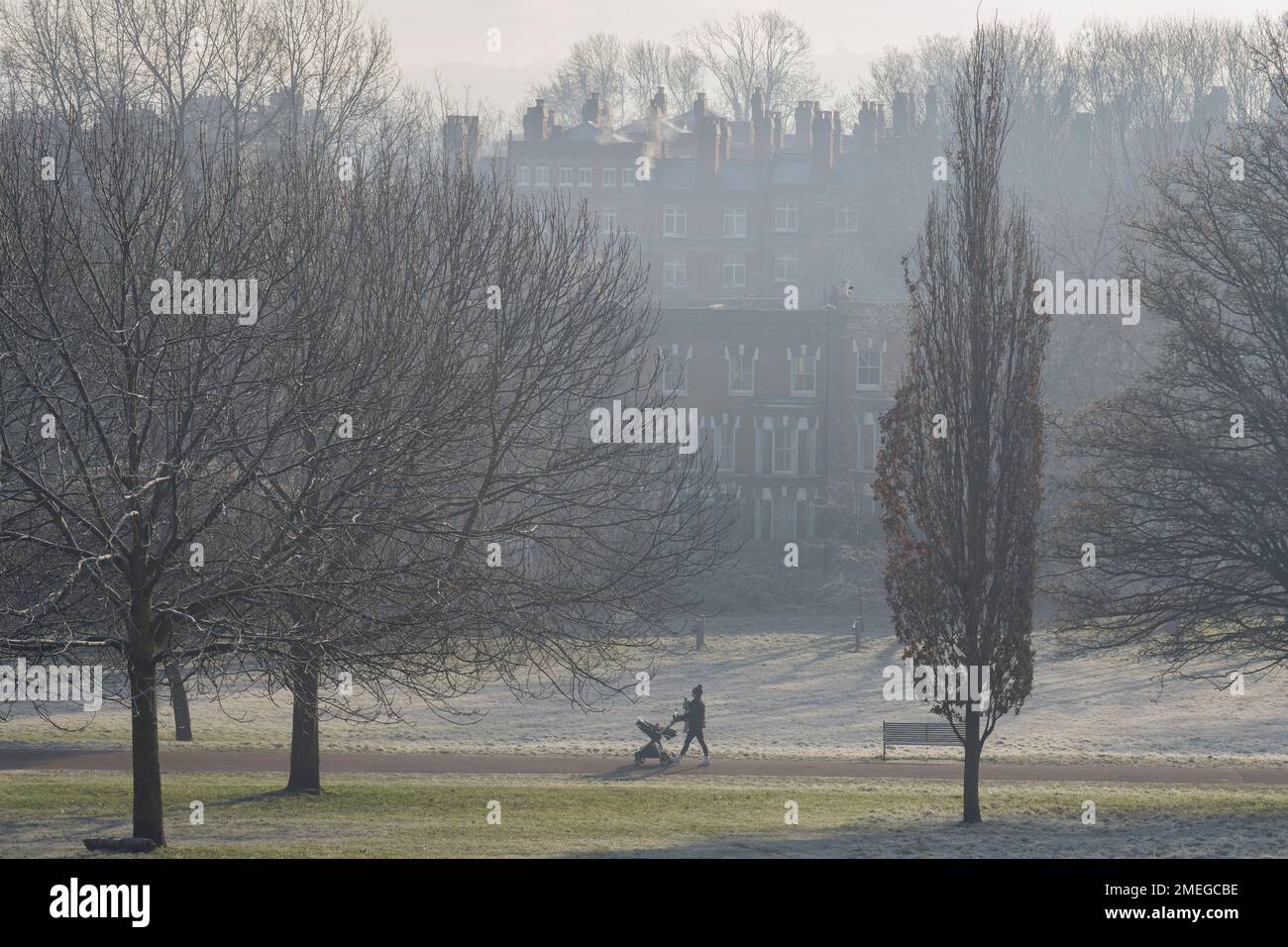 A mother walks walk through Brockwell Park on a cold January winter ...