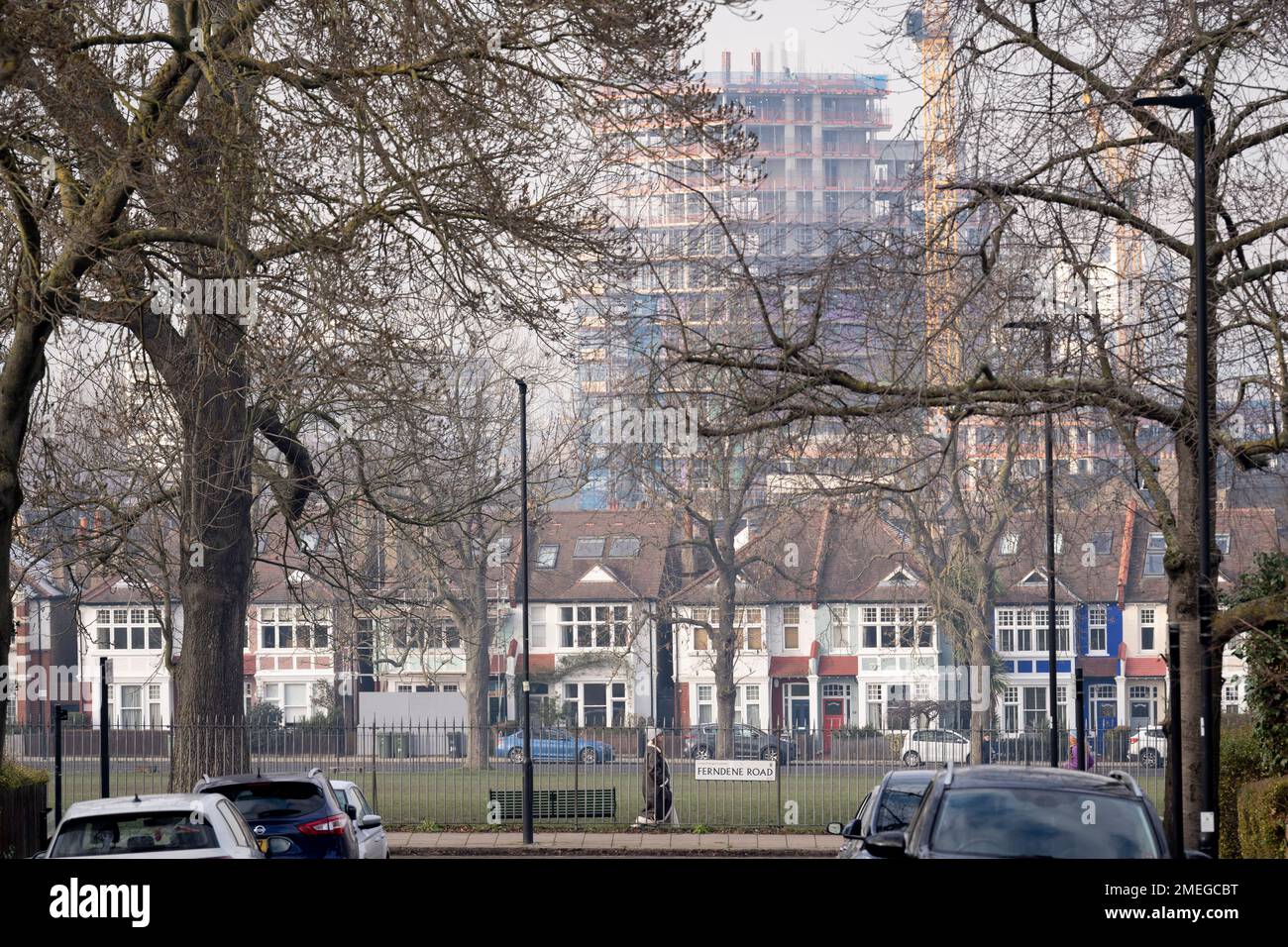 A cityscape view of residential London homes in the foreground and new ...