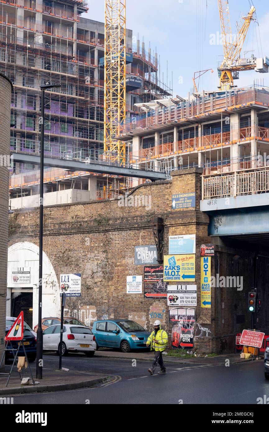 The tall high-rise residential development called Higgs Yard, rises with more storeys above ...