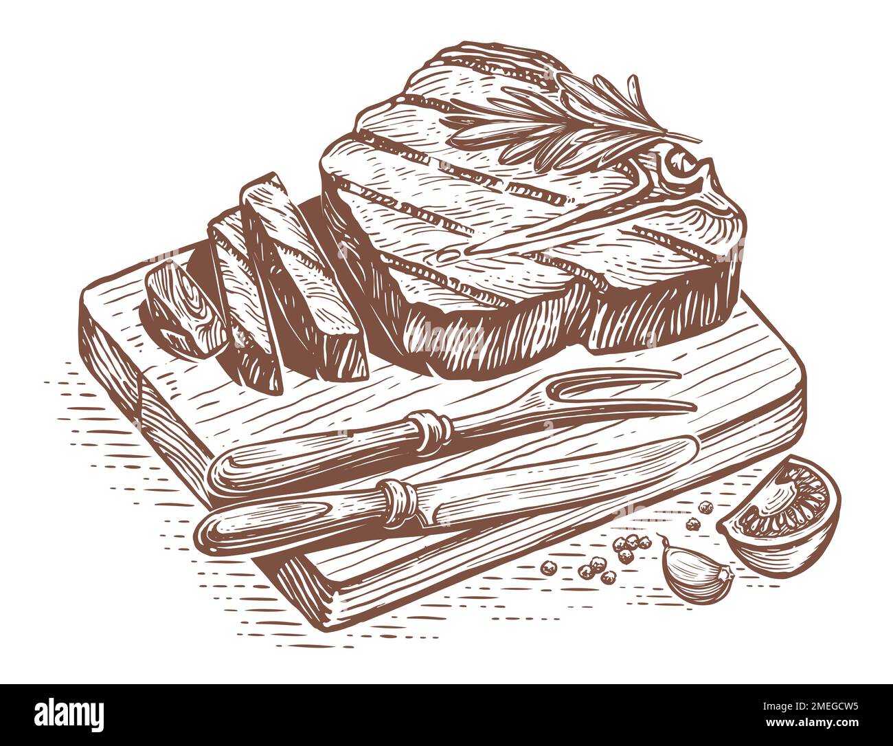 Grilled steak on wooden cutting board with knife and fork. Meat dish ...