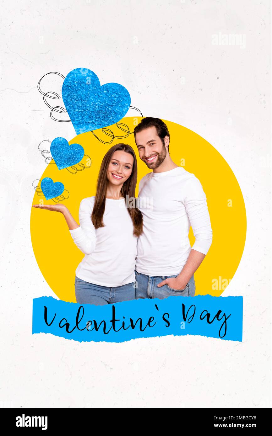 Vertical collage picture of two cheerful partners embrace hand hold ...