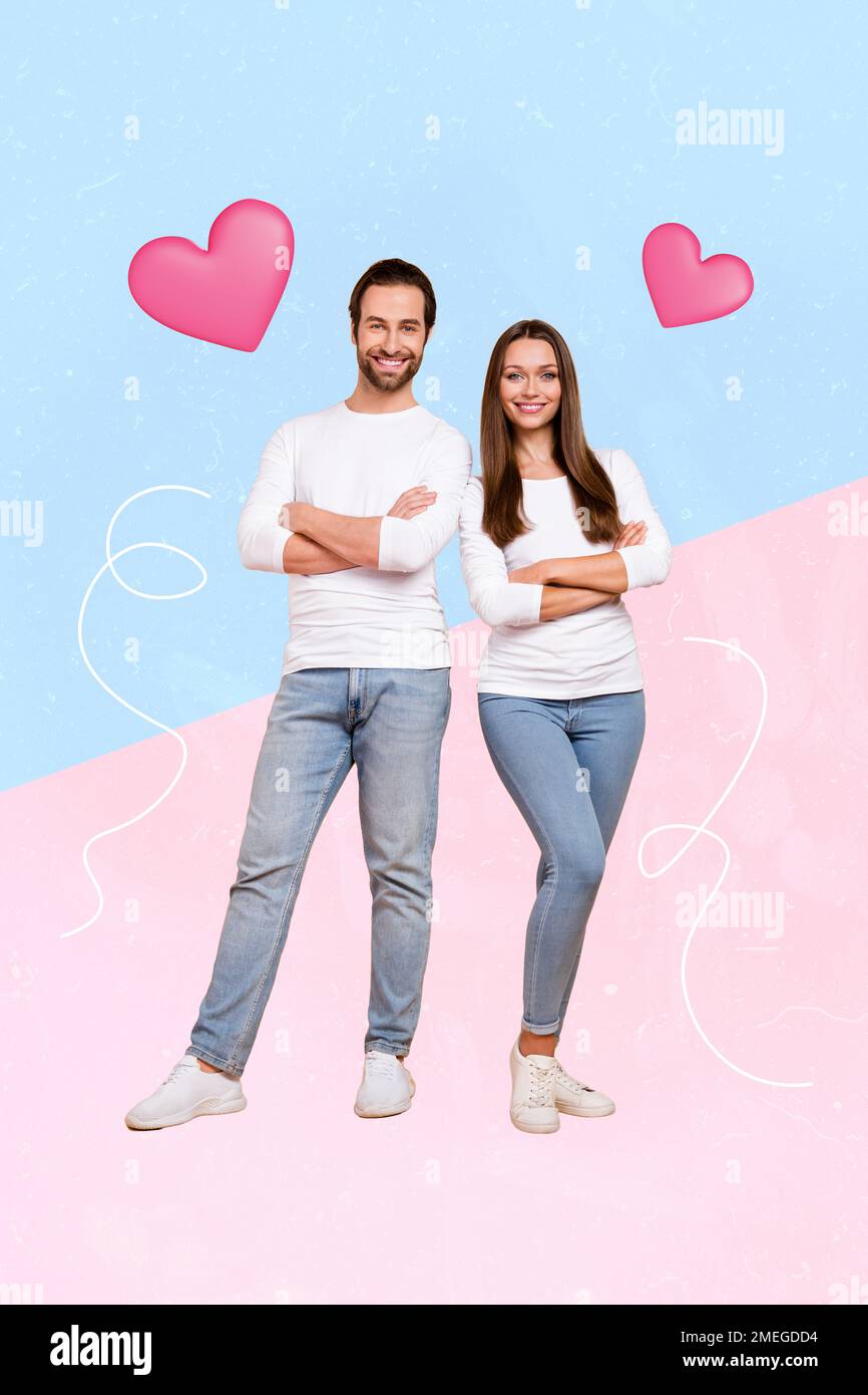 Vertical collage image of two positive cheerful partners crossed arms ...