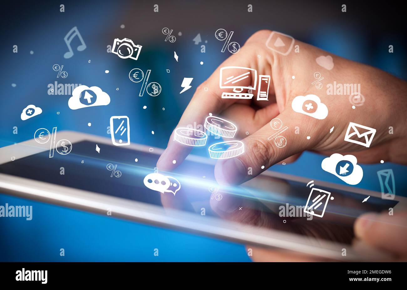 Close-up of a touchscreen with hand drawn icons Stock Photo - Alamy