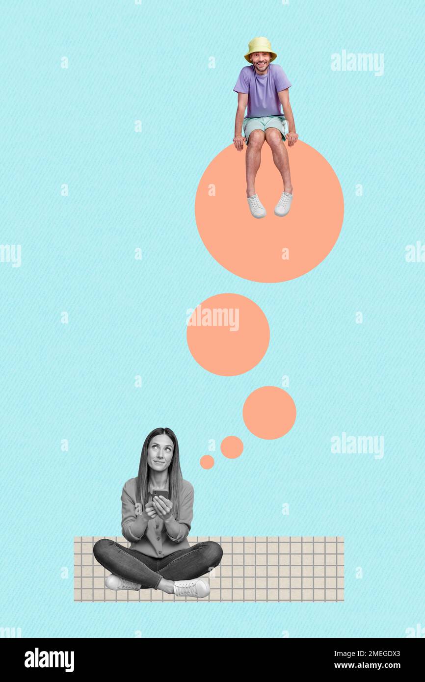 Photo creative collage artwork positive girl sitting use phone chatting ...