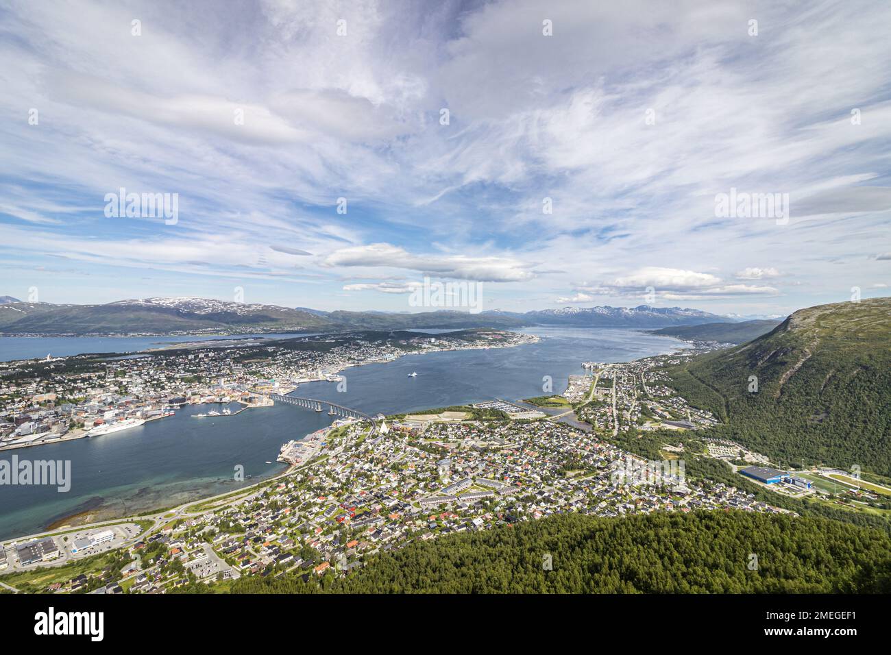 View of Tromso from the Storsteinen mountain ledge at the top of the ...