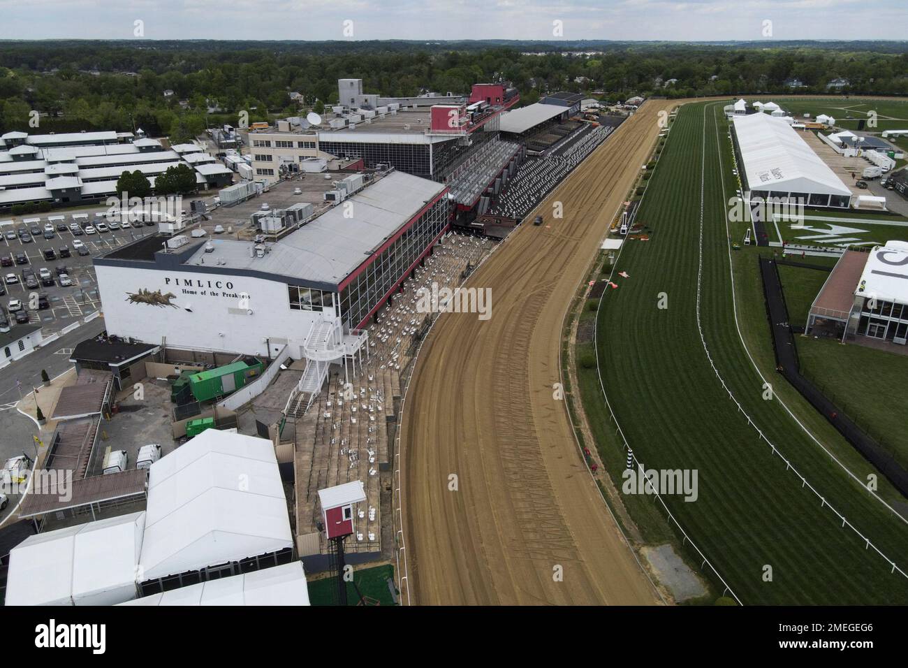Pimlico Race Course is visible ahead of the Preakness Stakes horse race ...