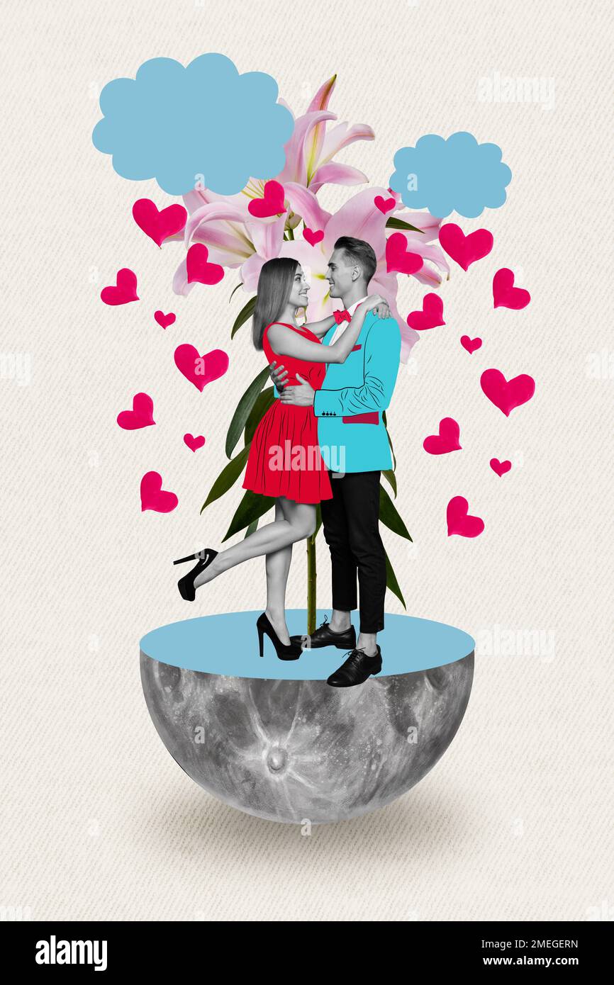 Collage photo of young couple lovers wear festive clothes night event ...