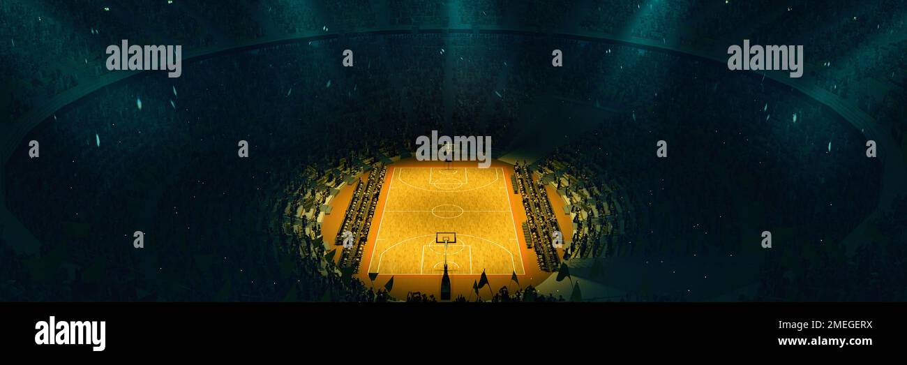 Aerial view. 3D model of empty basketball arena, court, playground in ...