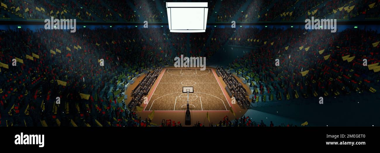 Aerial view. 3D model of empty basketball arena, court, playground for ...