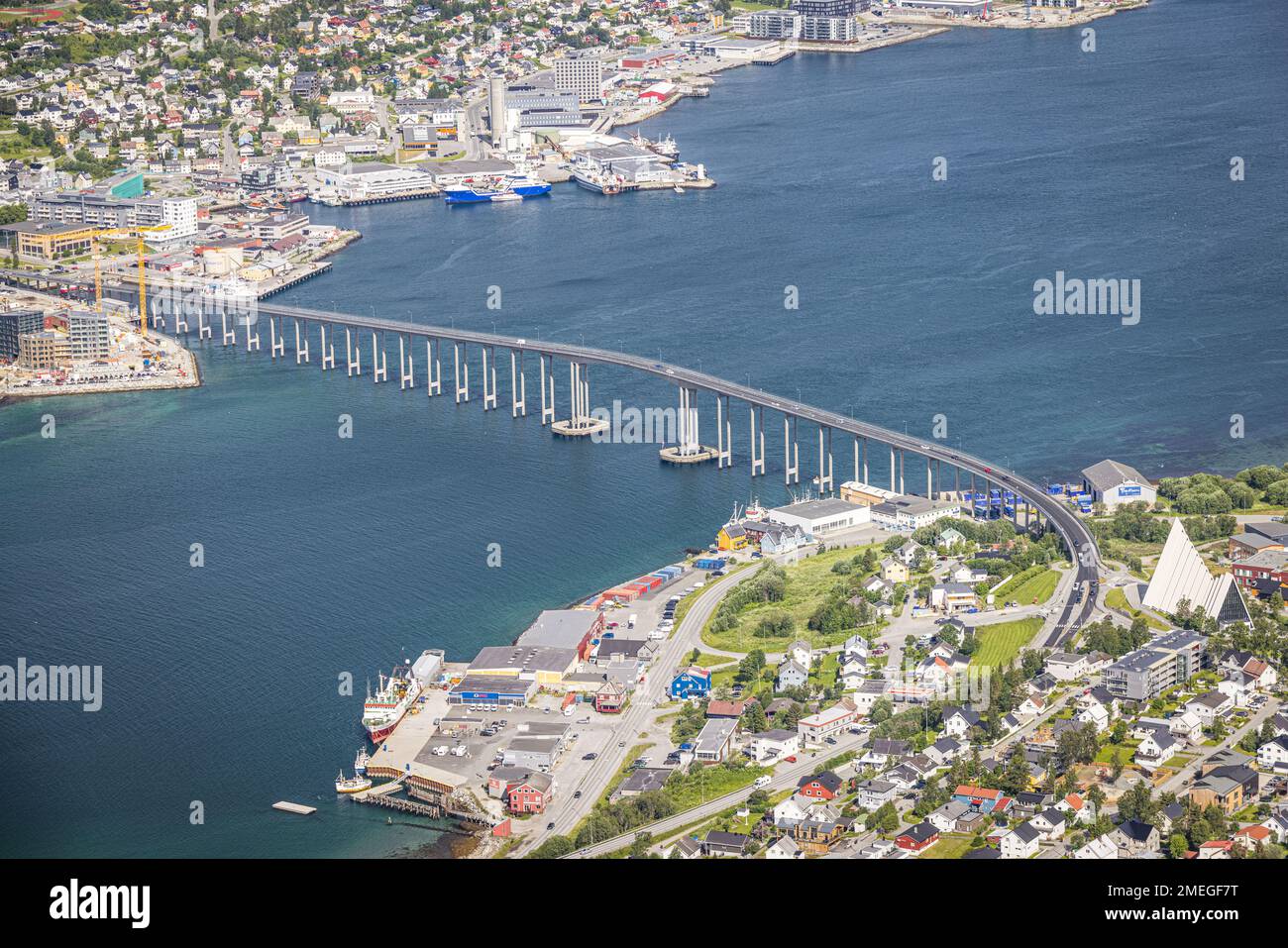 Tromso Bridge from the Storsteinen mountain ledge at the top of the ...