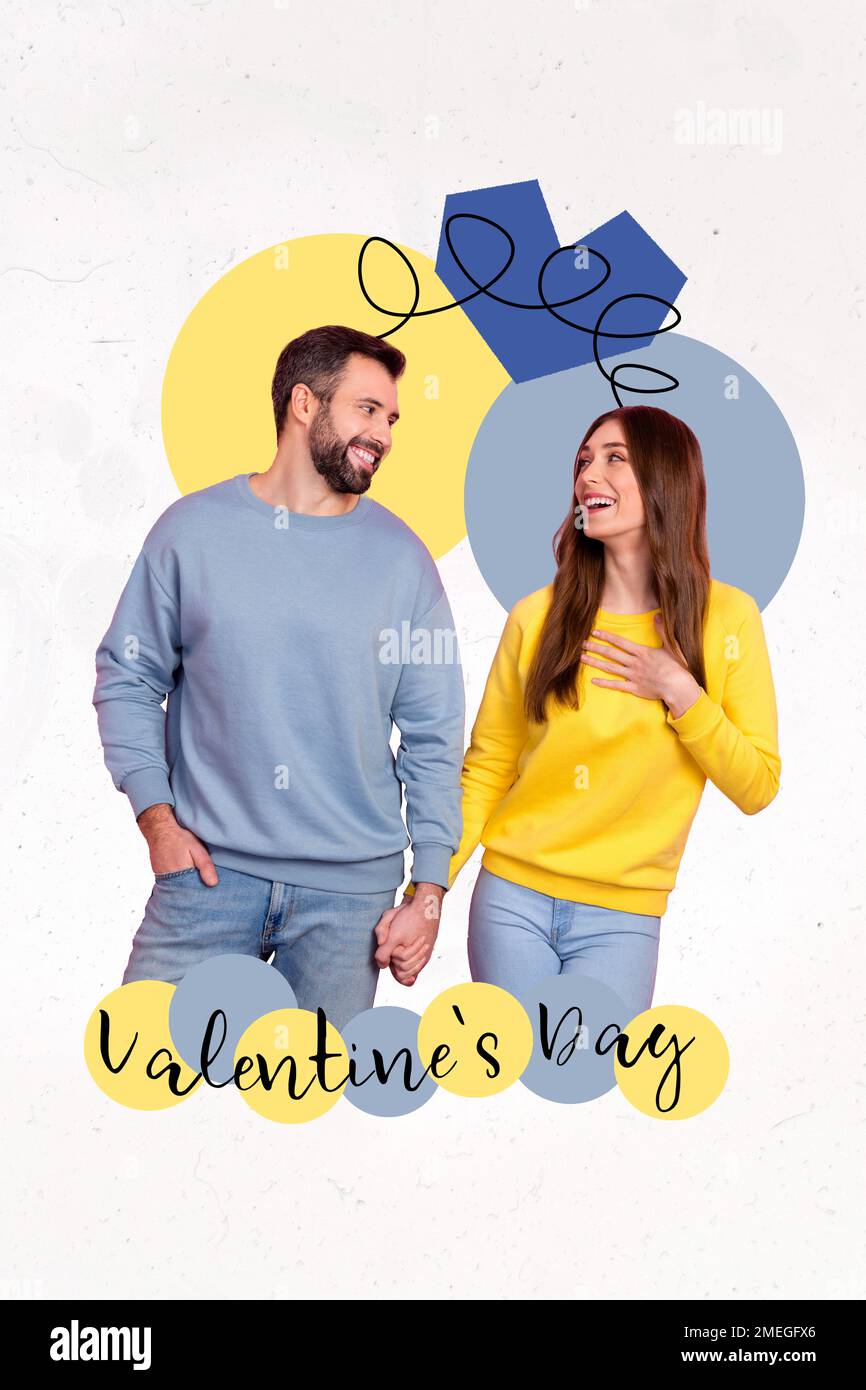 Vertical collage picture of two cheerful partners hold arms look each ...