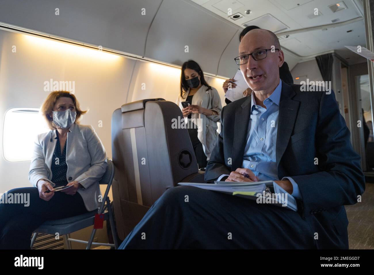 Deputy Secretary of Defense Kathleen Hicks talks to reporters en route ...