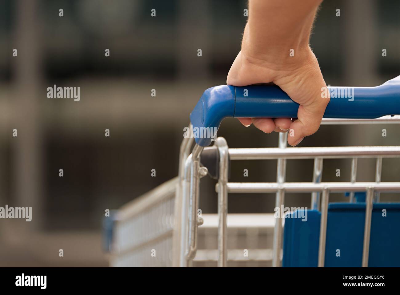 Woman driving shopping cart in front of the supermarket Stock Photo - Alamy