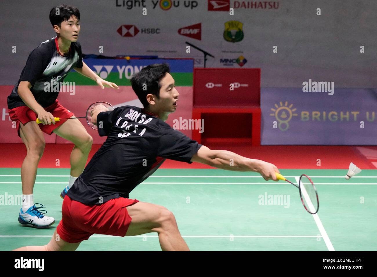 South Korea's Choi Sol-gyu, right, and Kim Won-ho plays a shot against ...