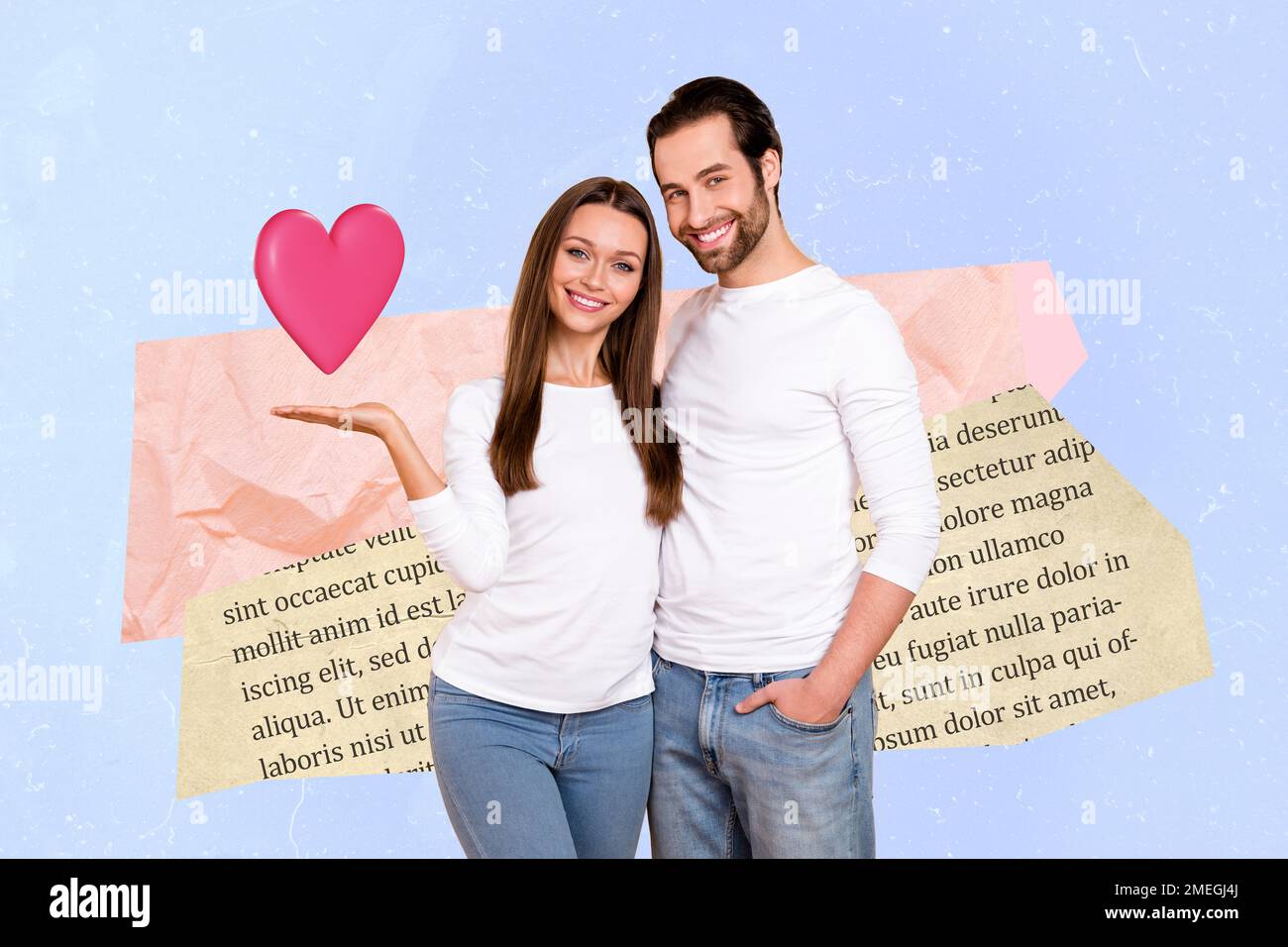 Creative collage portrait of two positive people embrace arm hold ...