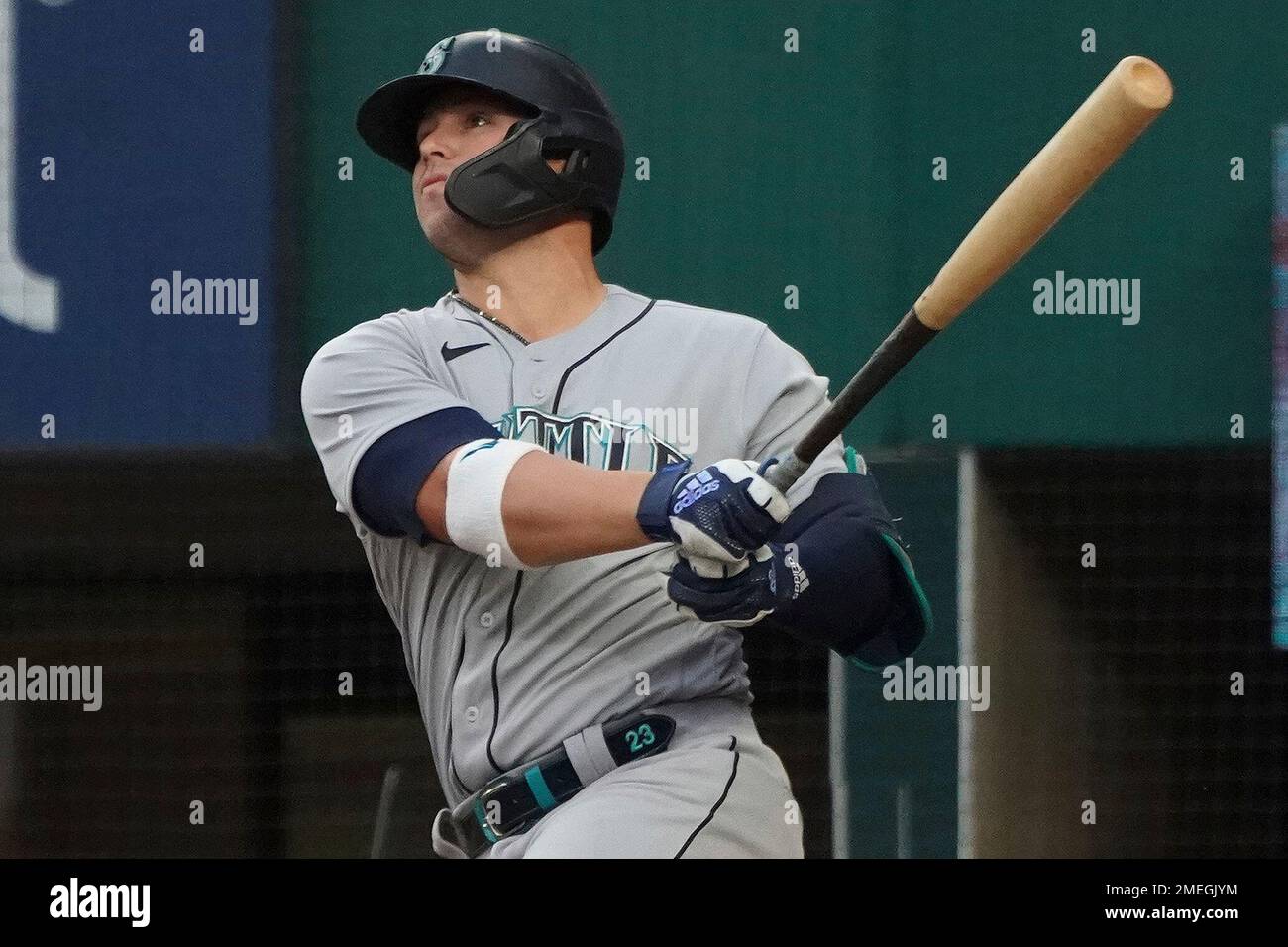 Seattle Mariners' Ty France bats against the Texas Rangers during a ...