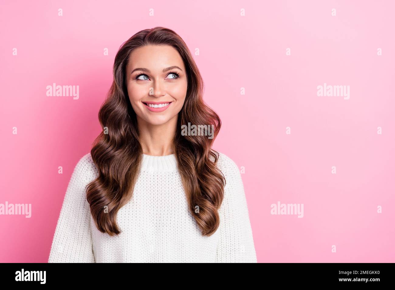 Portrait of gorgeous positive person beaming smile look empty space ...