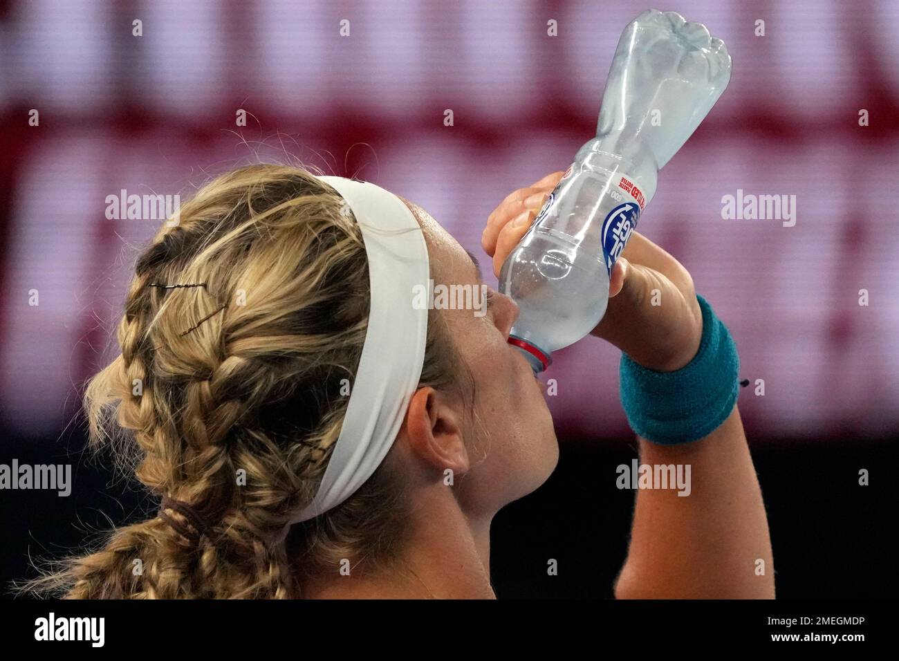Victoria Azarenka of Belarus takes a drink during a break in her ...