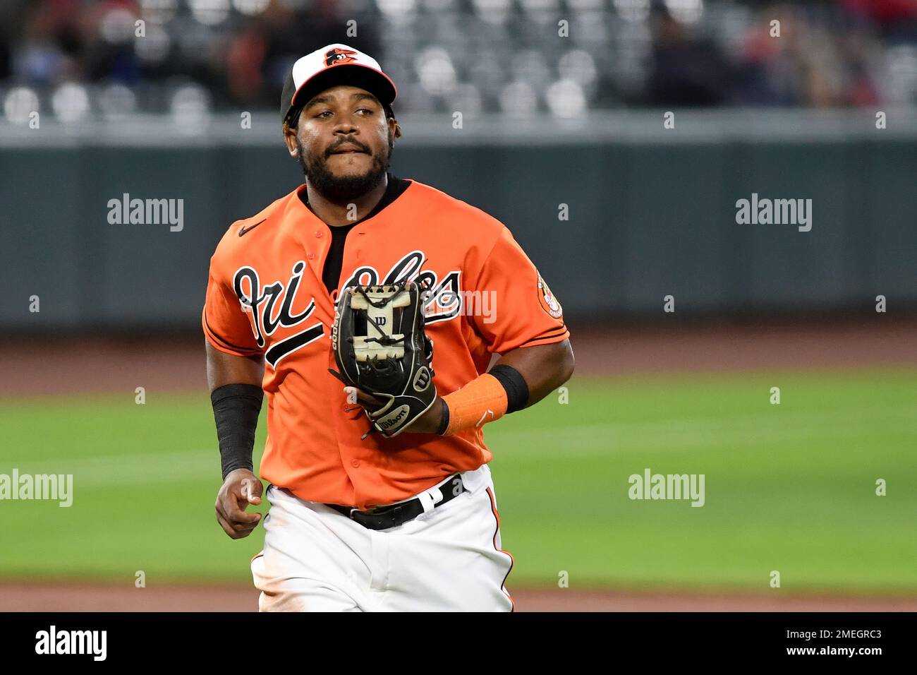 Baltimore Orioles' Maikel Franco runs off the field after an inning ...
