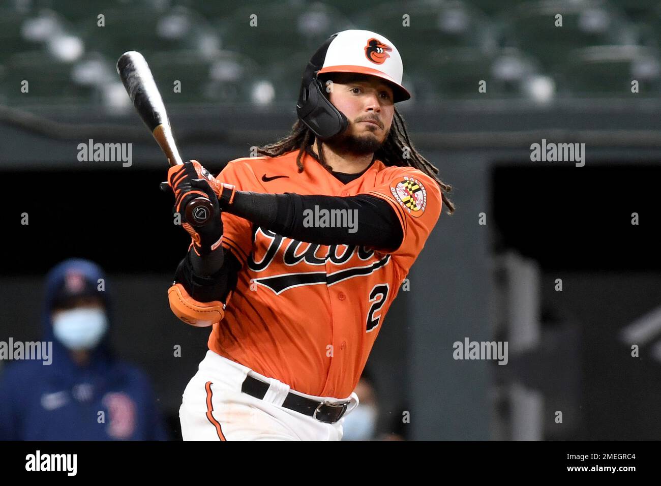 Baltimore Orioles' Freddy Galvis at bat against the Boston Red Sox ...