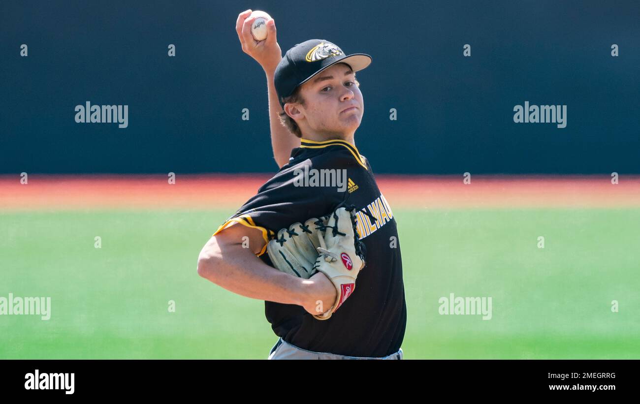 Milwaukee pitcher Riley Frey (47) pitches during an NCAA baseball game ...