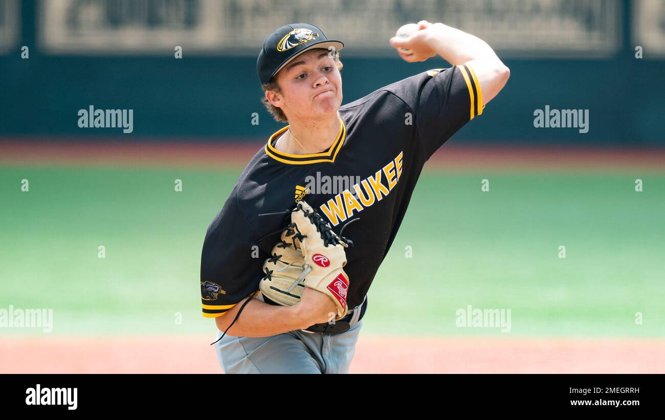 Milwaukee pitcher Riley Frey (47) pitches during an NCAA baseball game ...