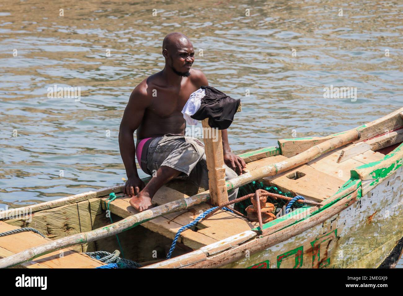 Atlantic Ocean View in the Elmina port with the Fishermen in the Boats ...