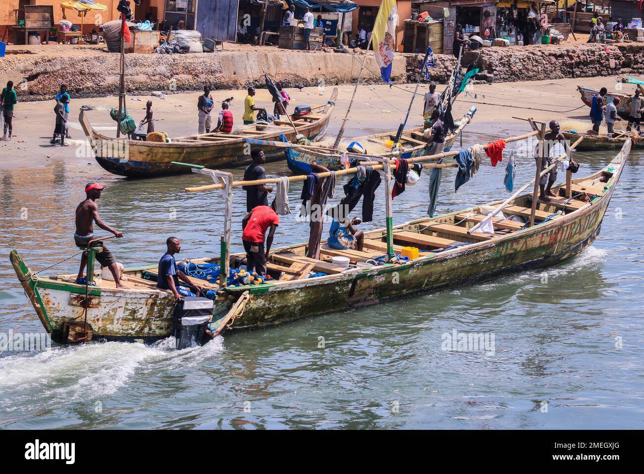 Atlantic Ocean View in the Elmina port with the Fishermen in the Boats ...