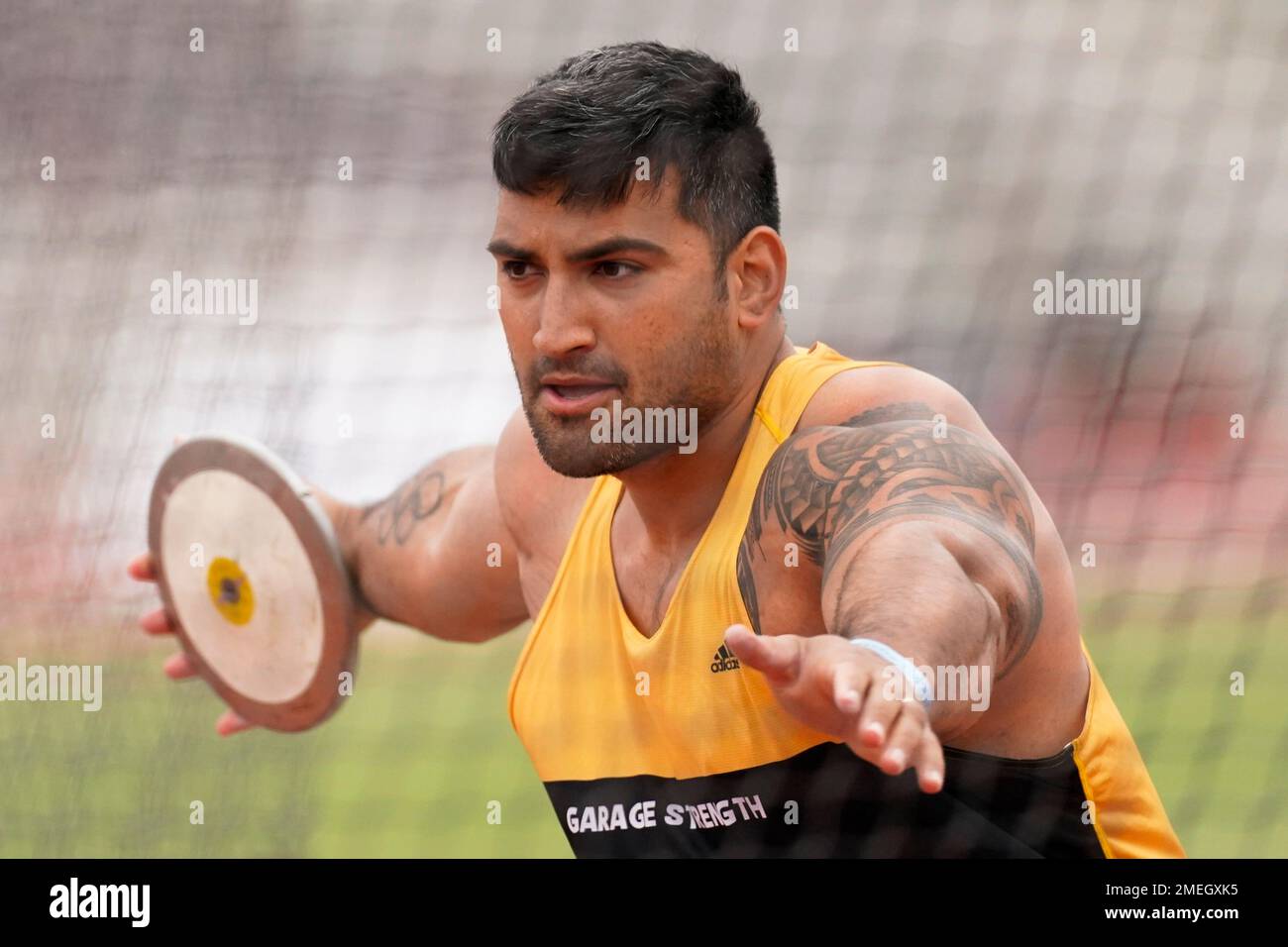 Alex Rose competes in men's discus throw during the USATF Golden Games ...
