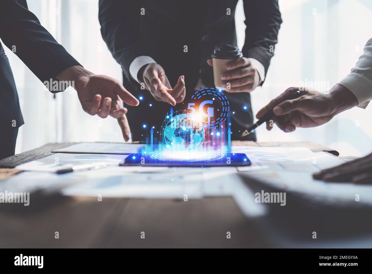 Artificial intelligence conceptual with computer interface of business team, big data management ...
