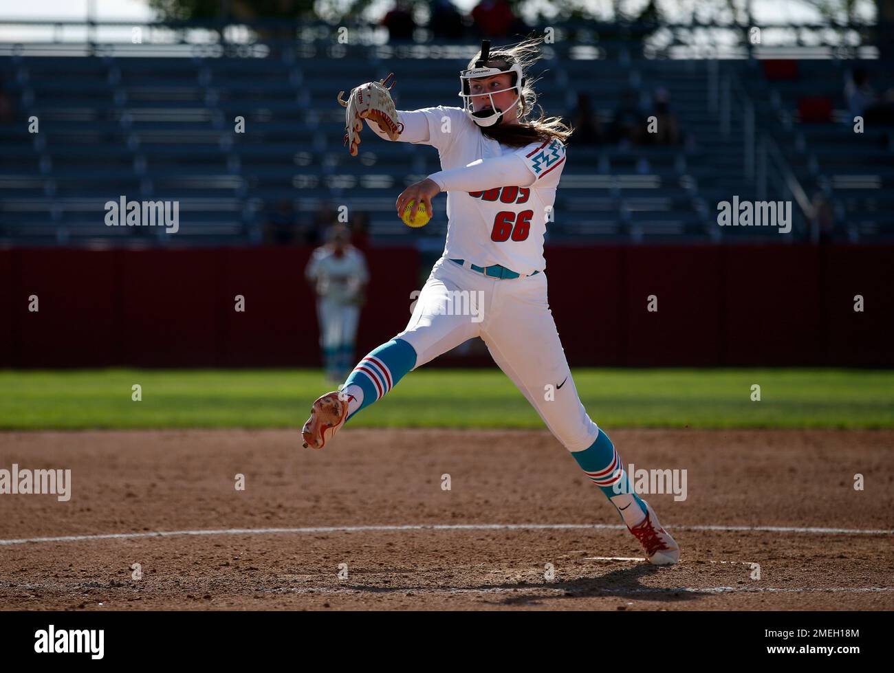 New Mexico pitcher Ashlyn Roberts throws against San Jose State during an NCAA softball game on ...
