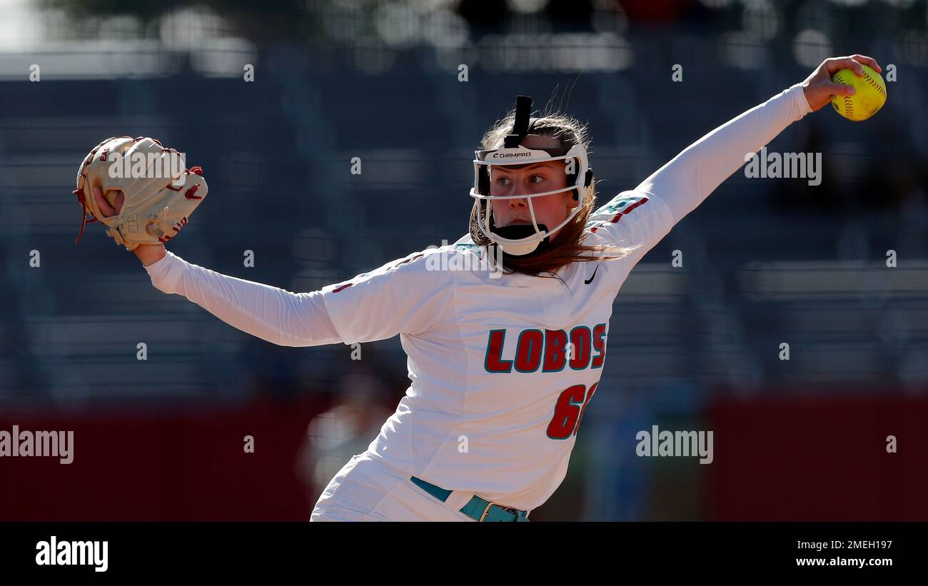New Mexico pitcher Ashlyn Roberts throws against San Jose State during an NCAA softball game on ...