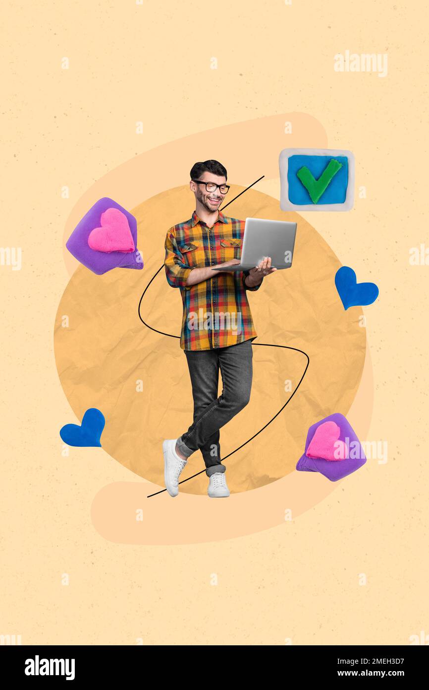 Photo collage magazine poster template of happy handsome man typing sms ...