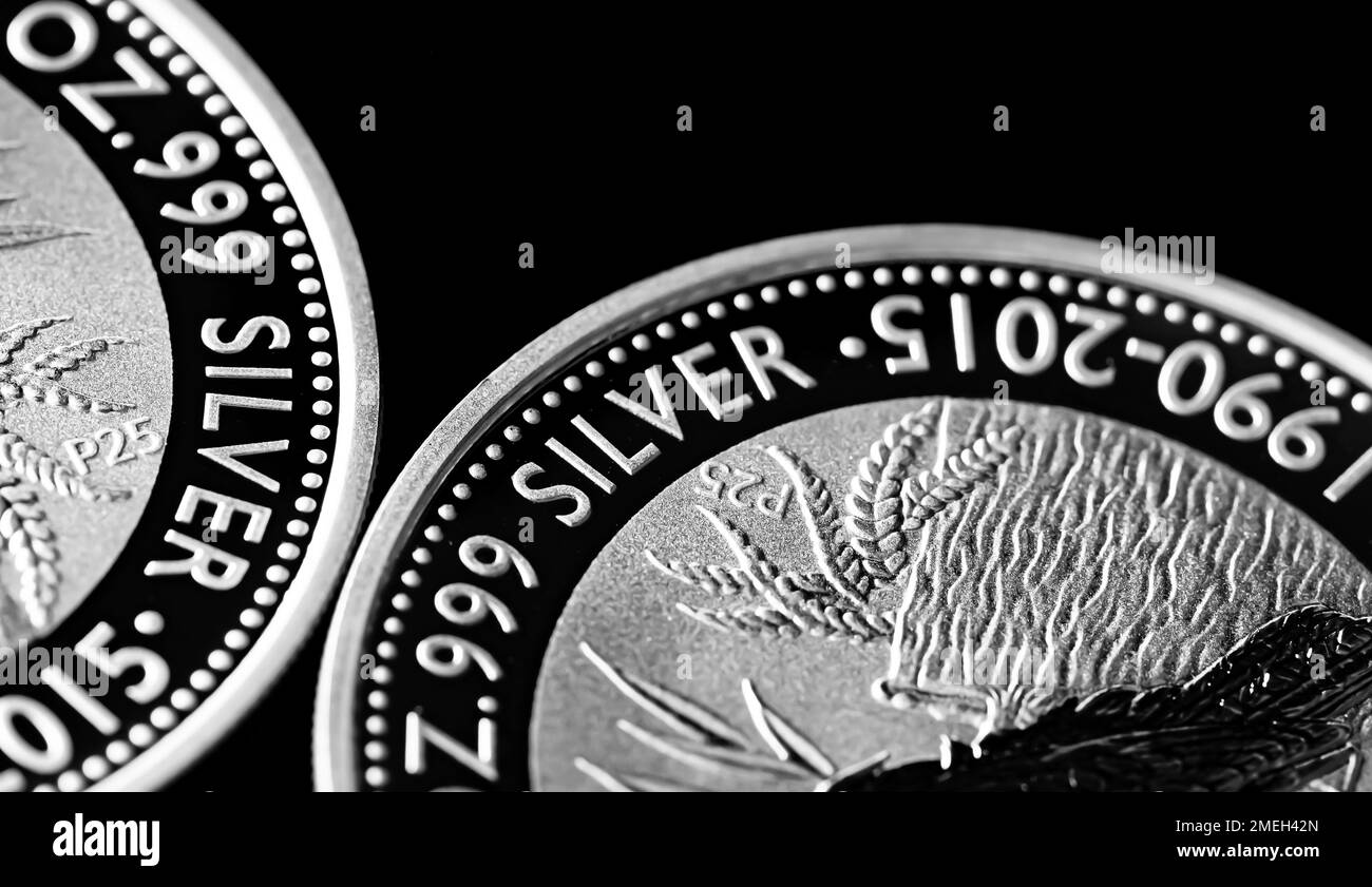 Macro Close up of Silver Bullion Coin on a black mirror background ...