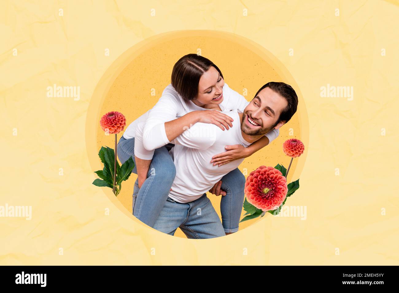 Creative photo collage artwork sketch of two happy people enjoy walking ...
