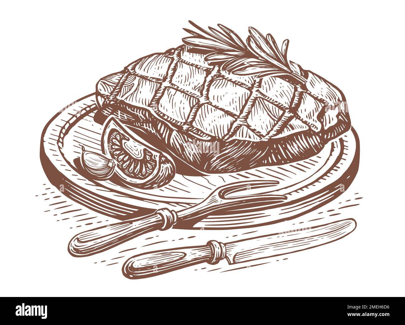Meat for BBQ. Hand drawn sketch engraved illustration. Fresh farm ...