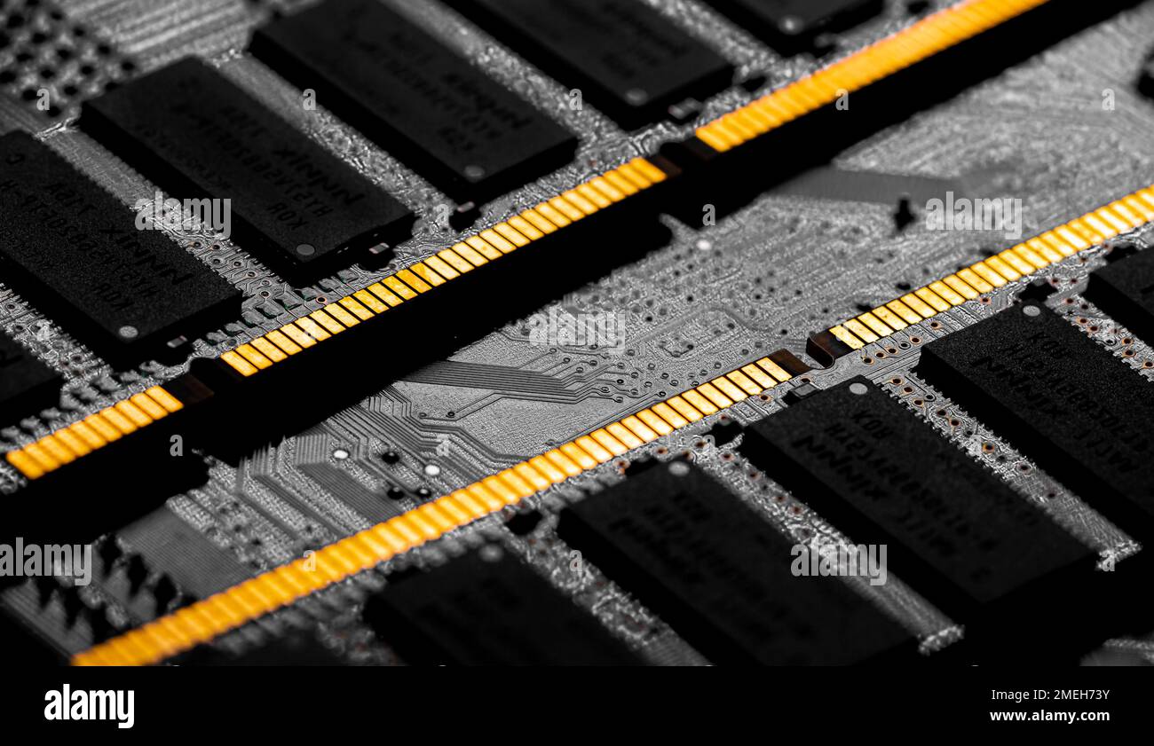 Macro Close up of computer RAM chip; random access memory chip slot for ...