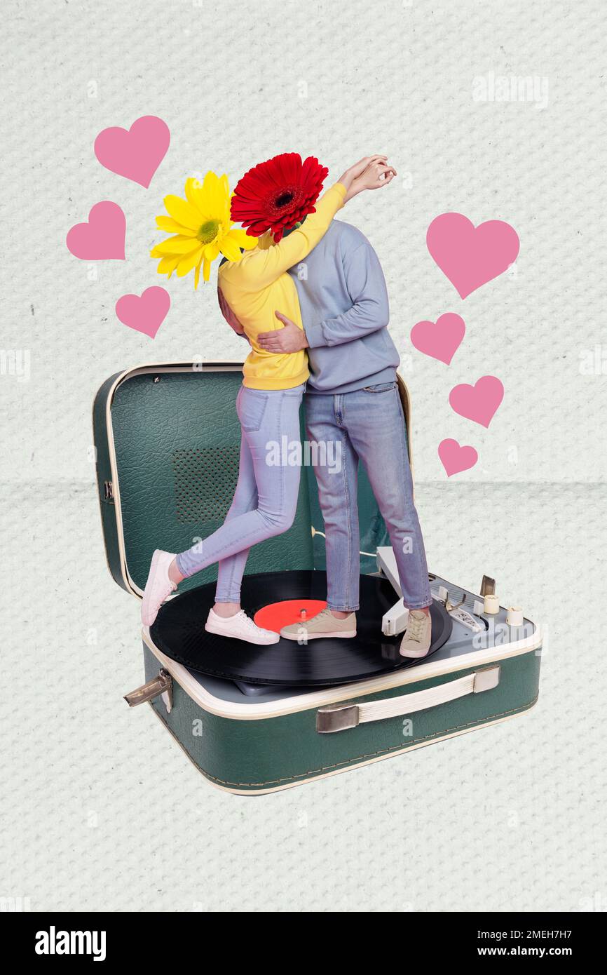 Photo 3d collage poster postcard artwork of two people cuddle embrace ...