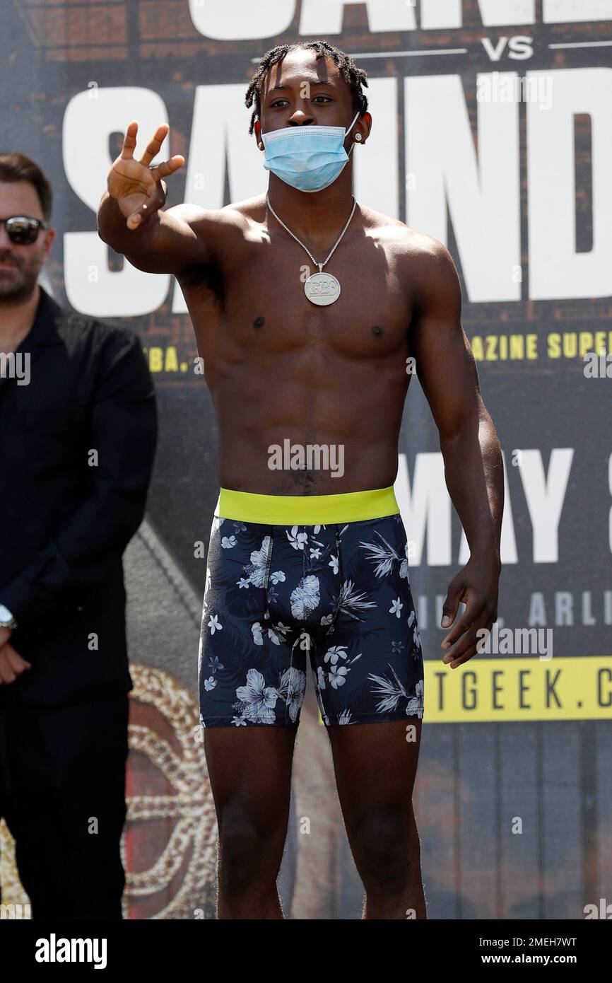Boxer Keyshawn Davis poses for photos during his weigh-in ahead of his ...