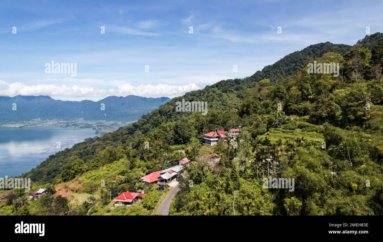 Aerial view of panorama of Maninjau Lake West Sumatra, Danau maninjau ...