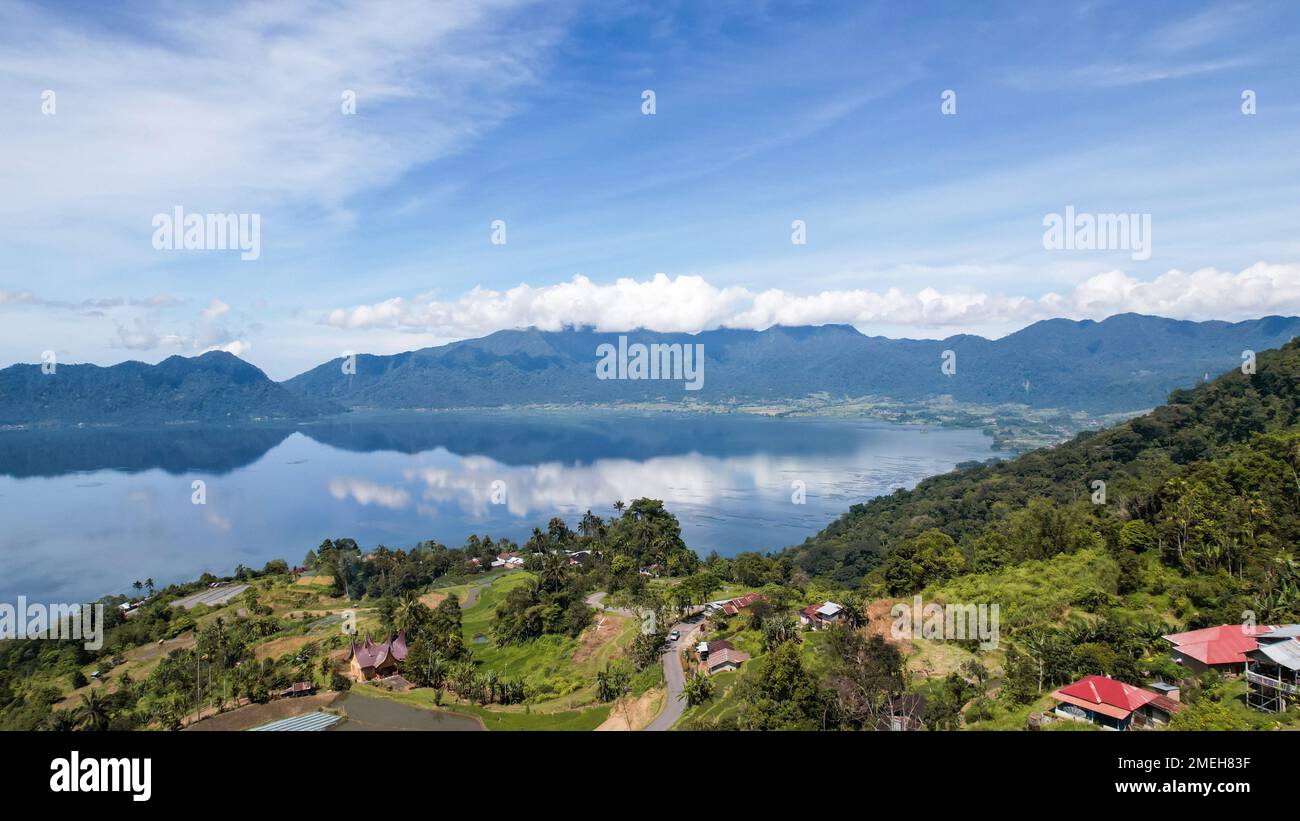 Aerial view of panorama of Maninjau Lake West Sumatra, Danau maninjau ...