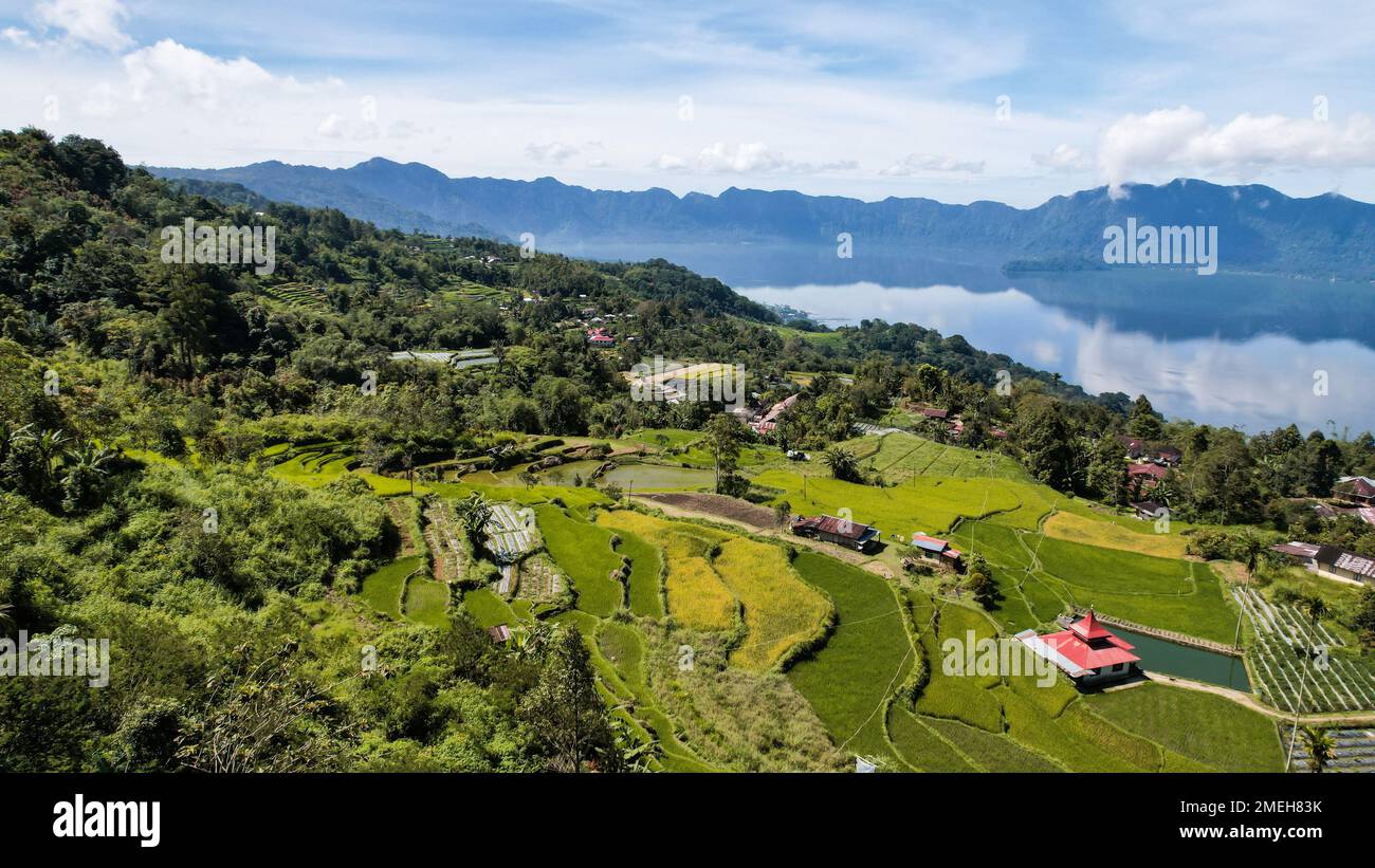 Aerial view of panorama of Maninjau Lake West Sumatra, Danau maninjau ...