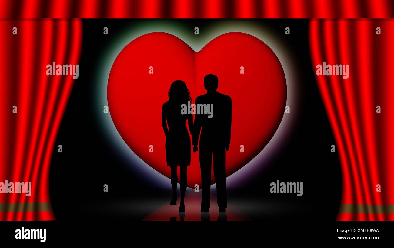 3D illustration. Open curtain in theater or cinema reveals the symbols ...