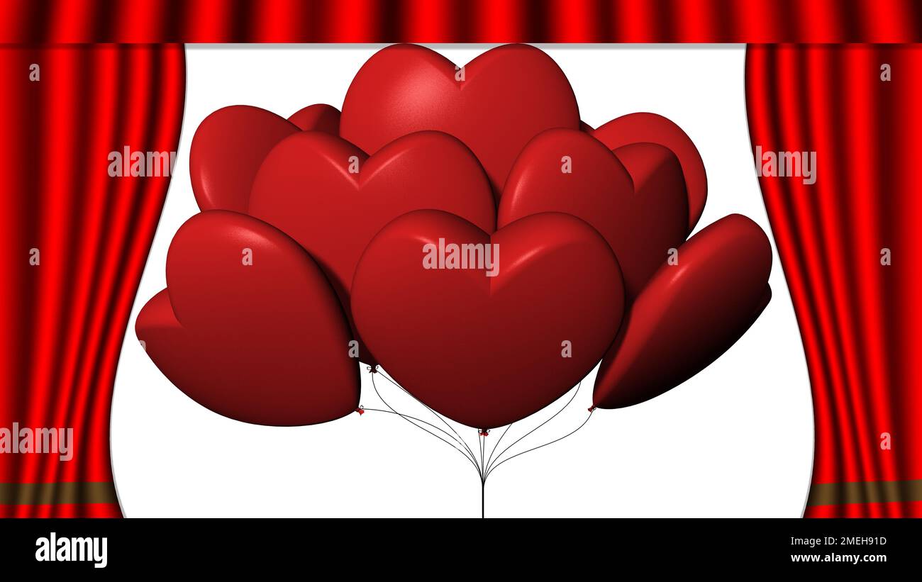 3D illustration. Open curtain in theater or cinema reveals the symbols ...