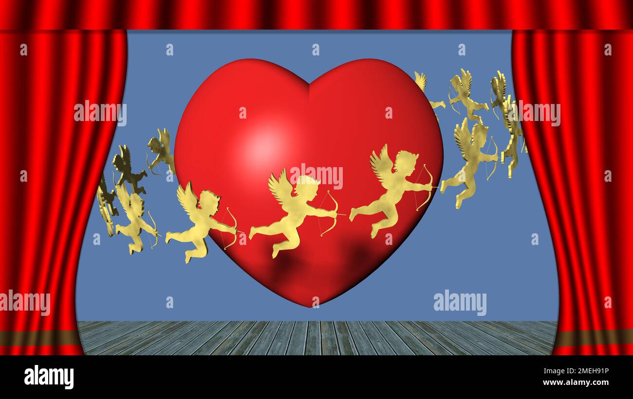 3D illustration. Open curtain in theater or cinema reveals the symbols ...