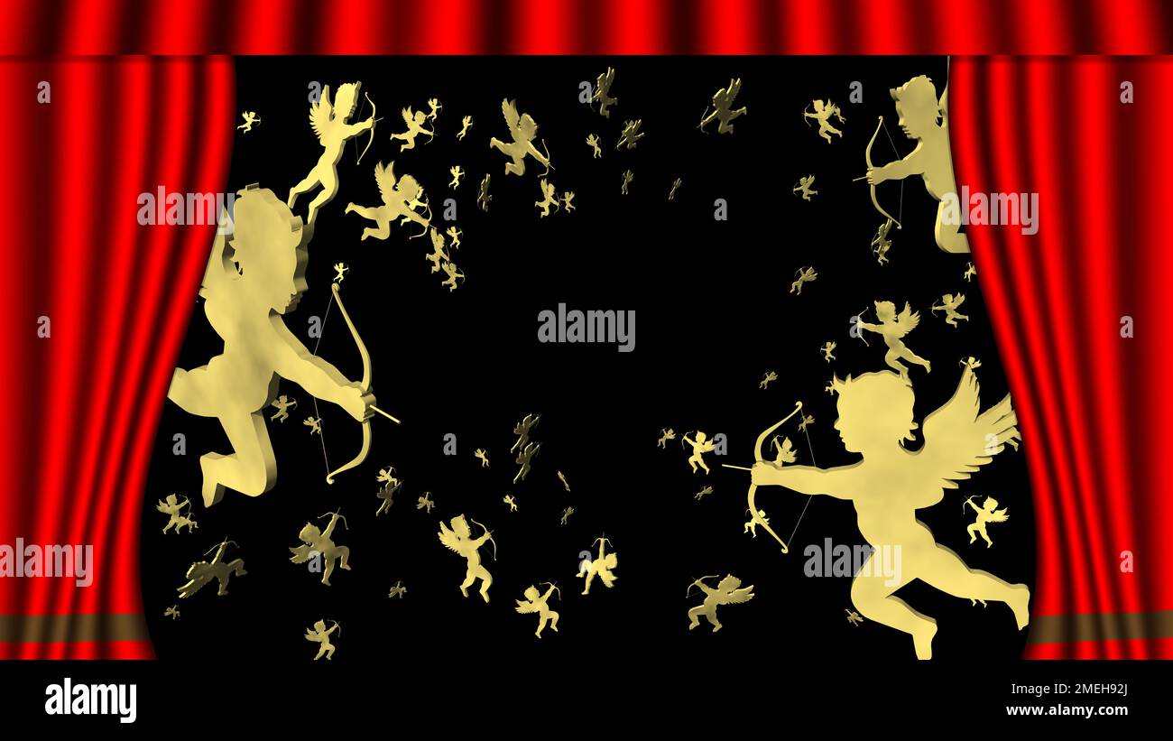 3D illustration. Open curtain in theater or cinema reveals the symbols ...