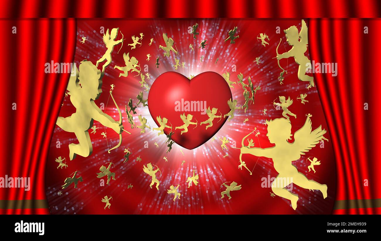 3D illustration. Open curtain in theater or cinema reveals the symbols ...