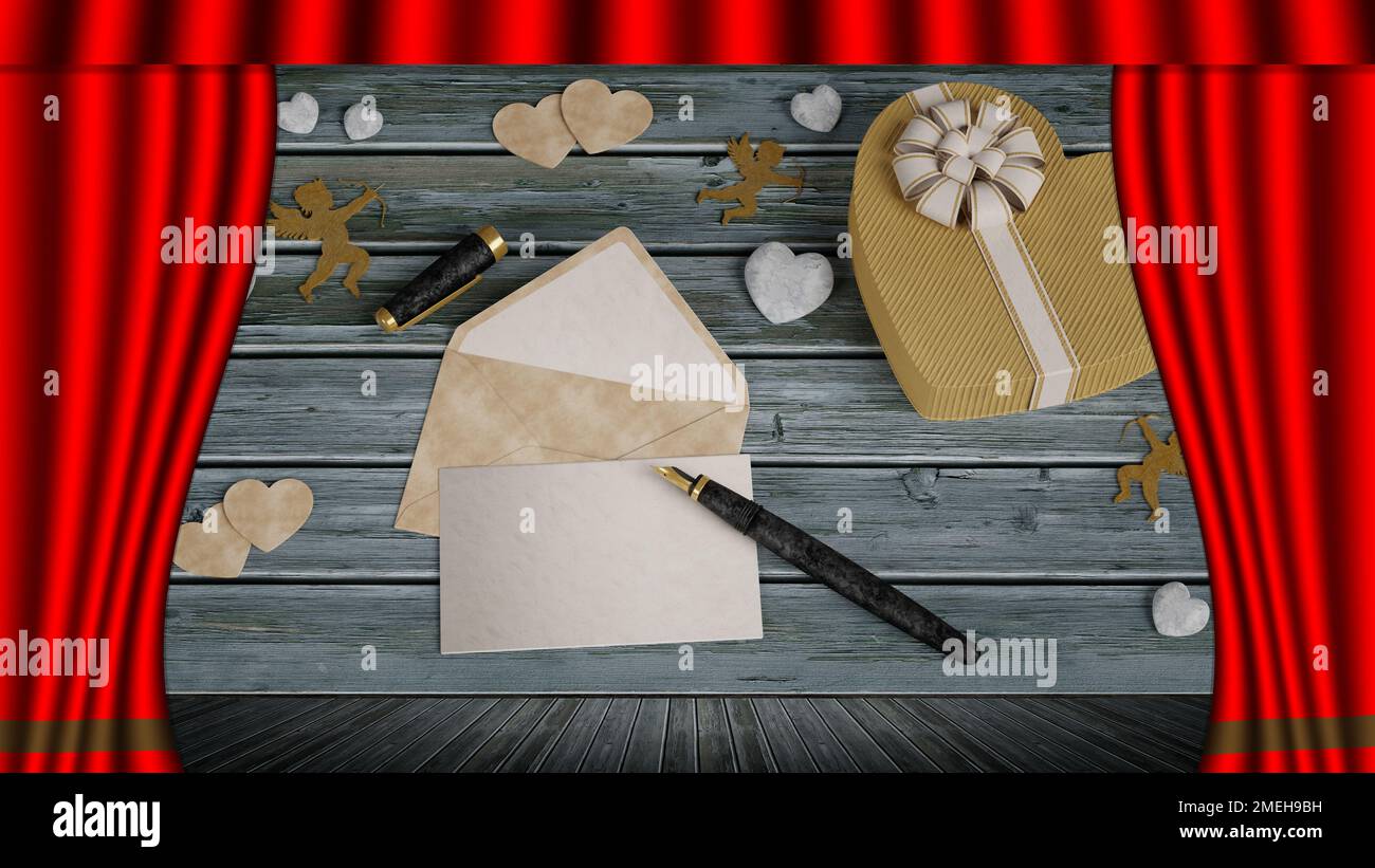 3D illustration. Open curtain in theater or cinema reveals the symbols ...