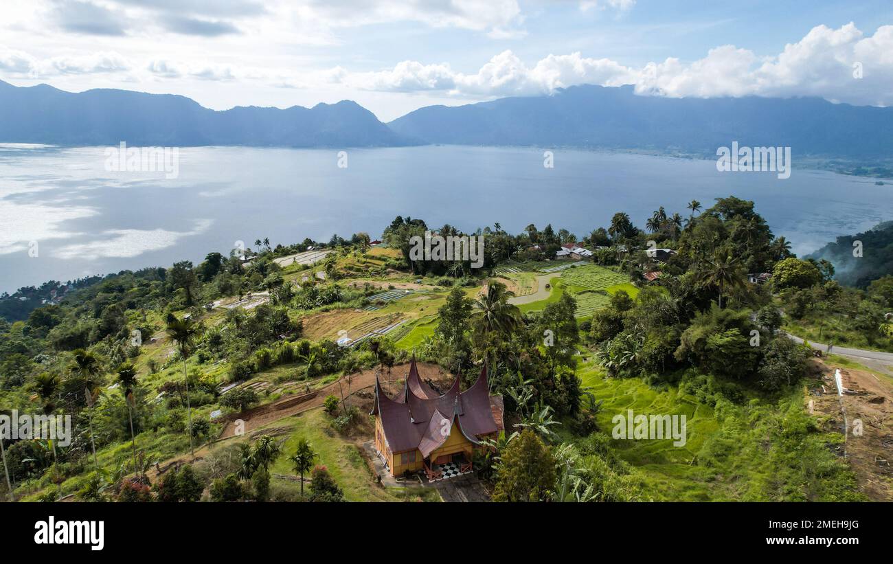 Aerial view of panorama of Maninjau Lake West Sumatra, Danau maninjau ...